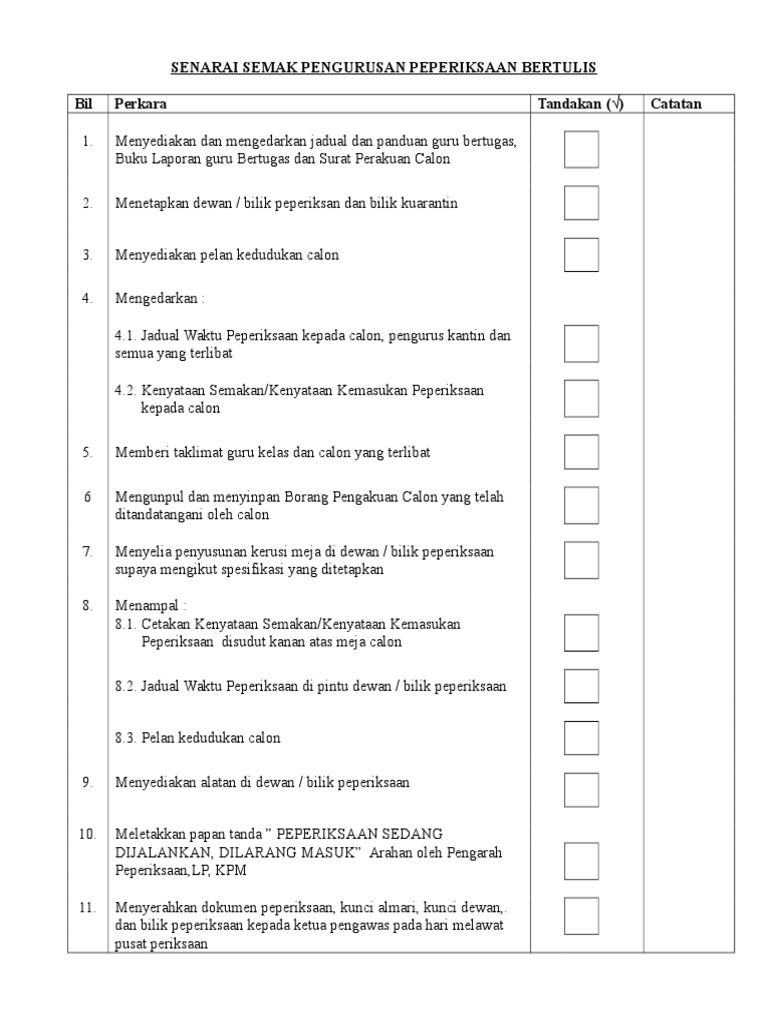 Senarai Semak Pengurusan Peperiksaan Bertulis | PDF