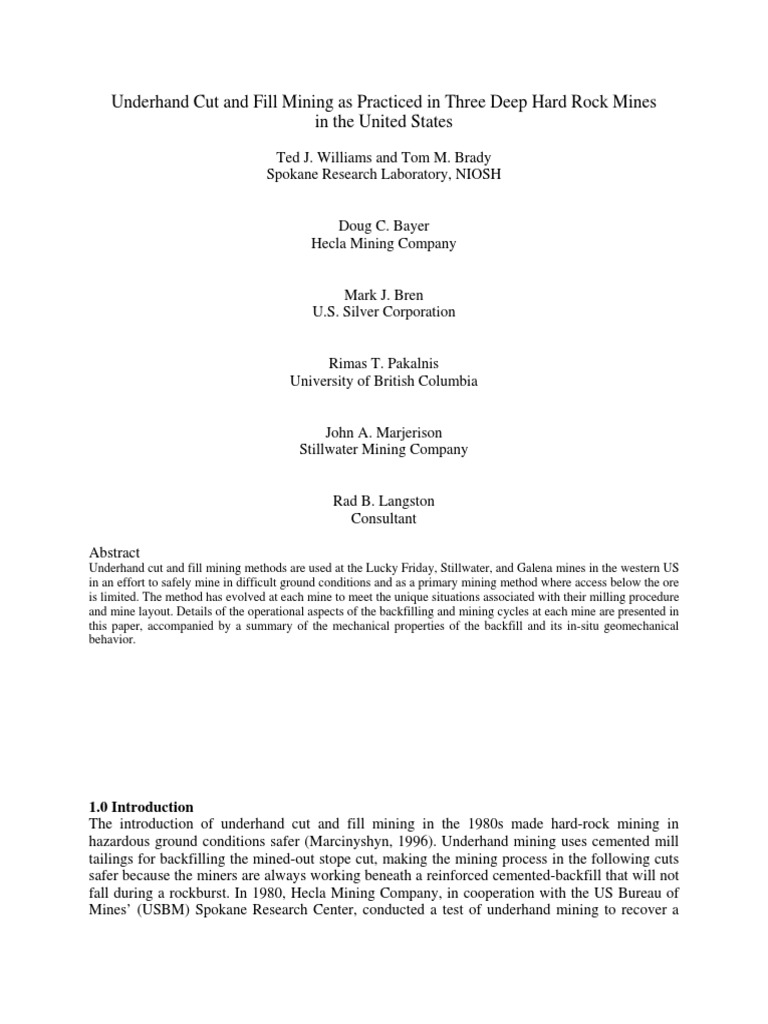 Underhand Cut and Fill Mining As Practiced in Therr Deeo Hard Rock ...