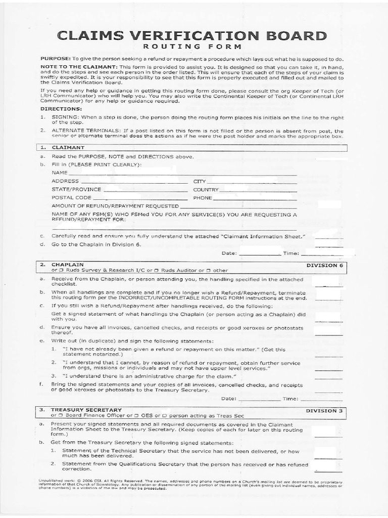 Church of Scientology Refund Form "CVB Routing Form" | PDF