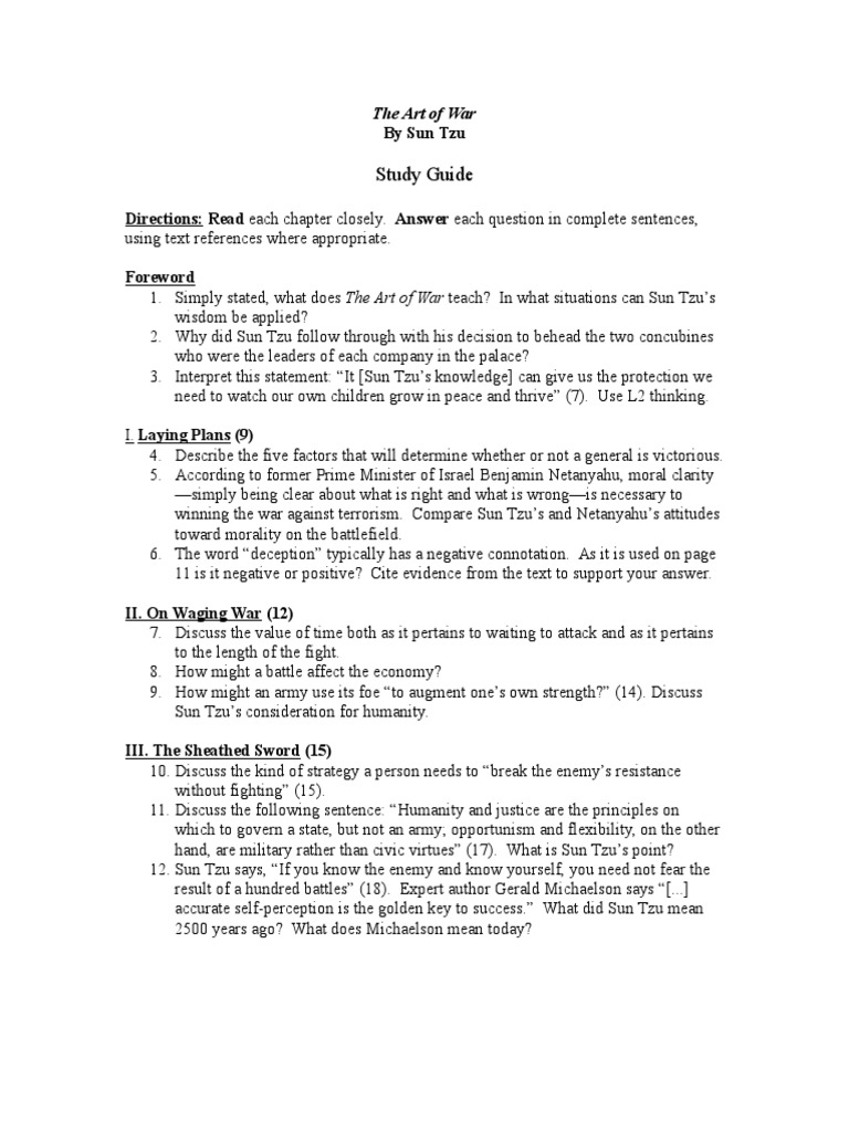 The Art of War Study Guide: Sun Tzu's Strategies for Victory | PDF ...