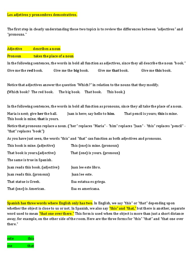 Los Adjetivos y Los Pronombres Demostrativos | PDF | Grammatical Gender ...