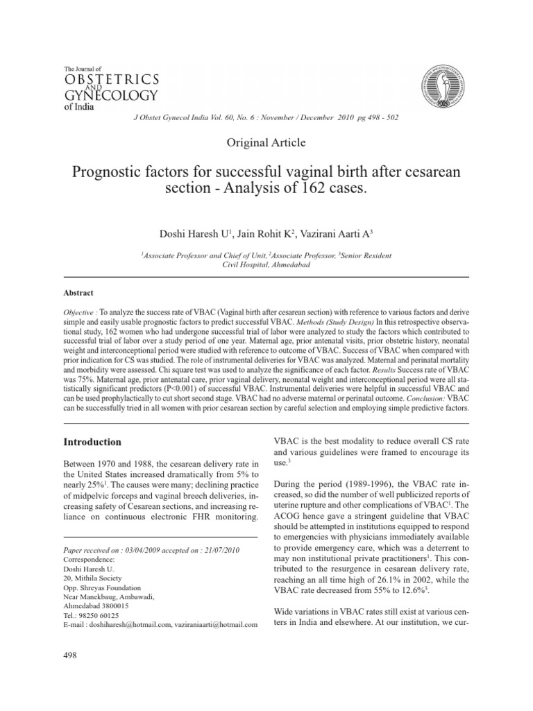 Prognostic Factors For Successful Vaginal Birth After Cesarean Section - Analysis of 162 Cases ...