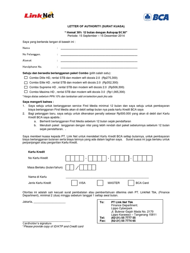 Surat Kuasa FirstMedia LOA BCA | PDF