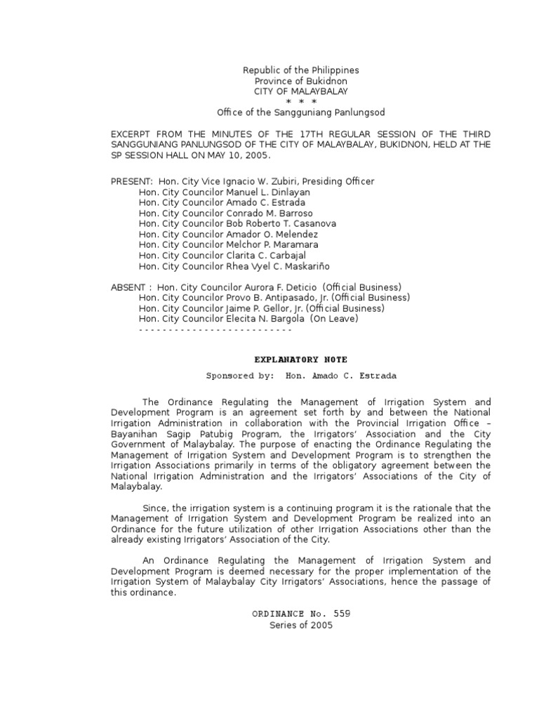 Explanatory Note: Ordinance No. 559 | PDF | Nature