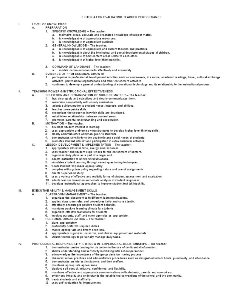 Teacher Evaluation Criteria | PDF