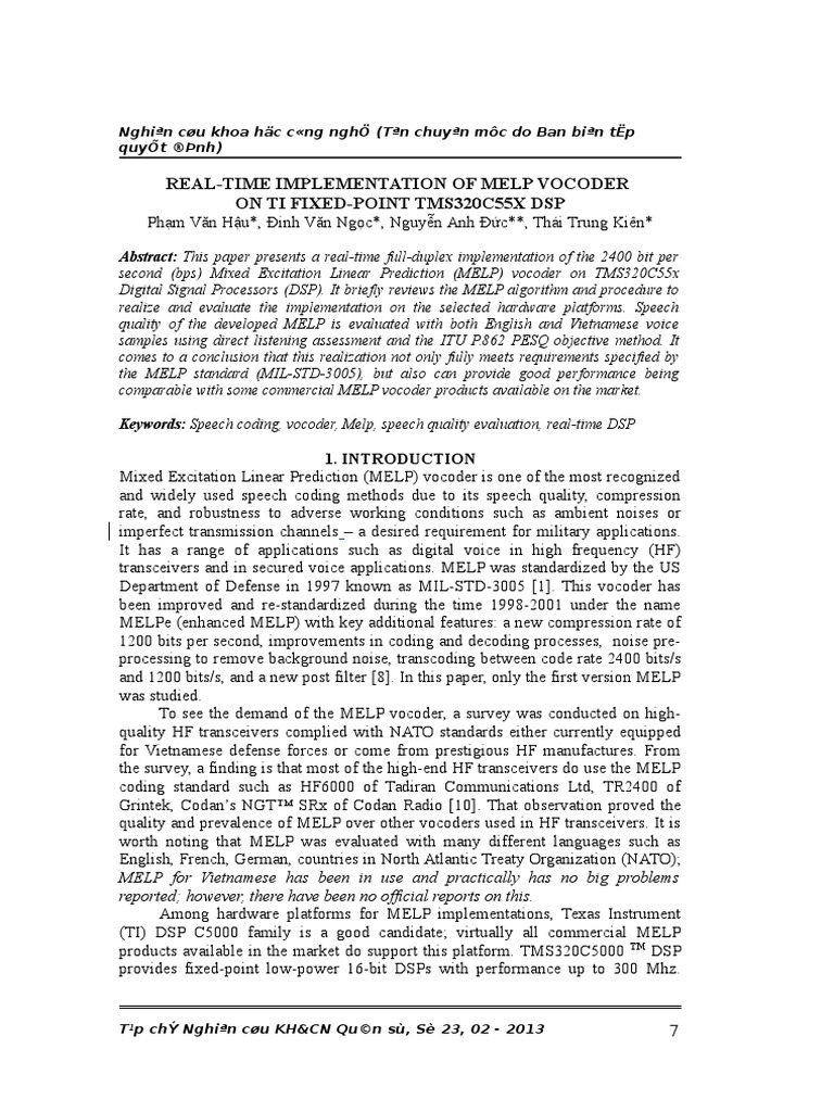 Real-Time Implementation of Melp Vocoder | PDF | Digital Signal Processor | Signal Processing