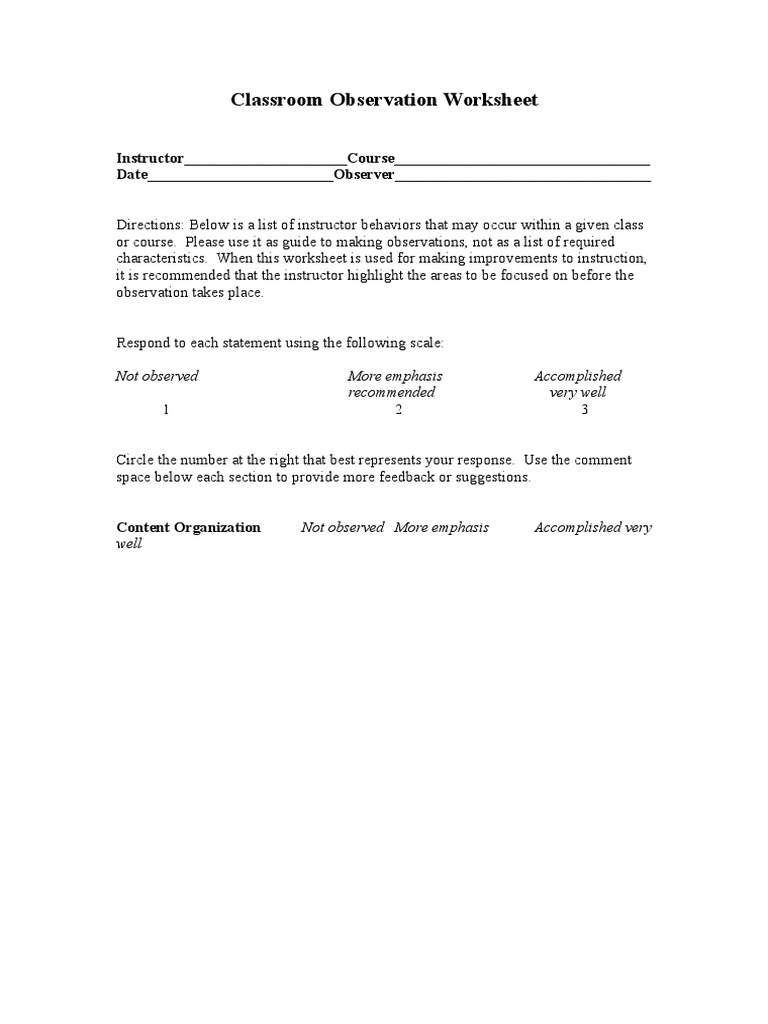 Classroom Observation Worksheet | PDF