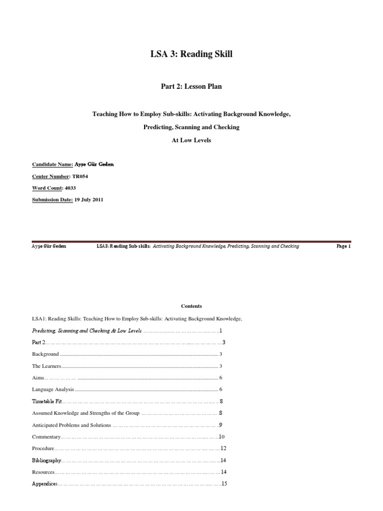 LSA 3: Reading Skill: Part 2: Lesson Plan | PDF | Reading (Process ...