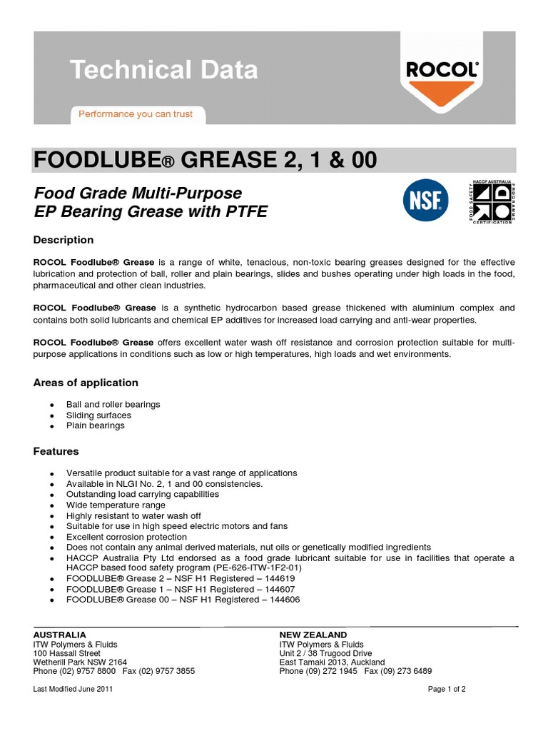 Foodlube GREASE 2, 1 & 00: Food Grade Multi-Purpose EP Bearing Grease ...