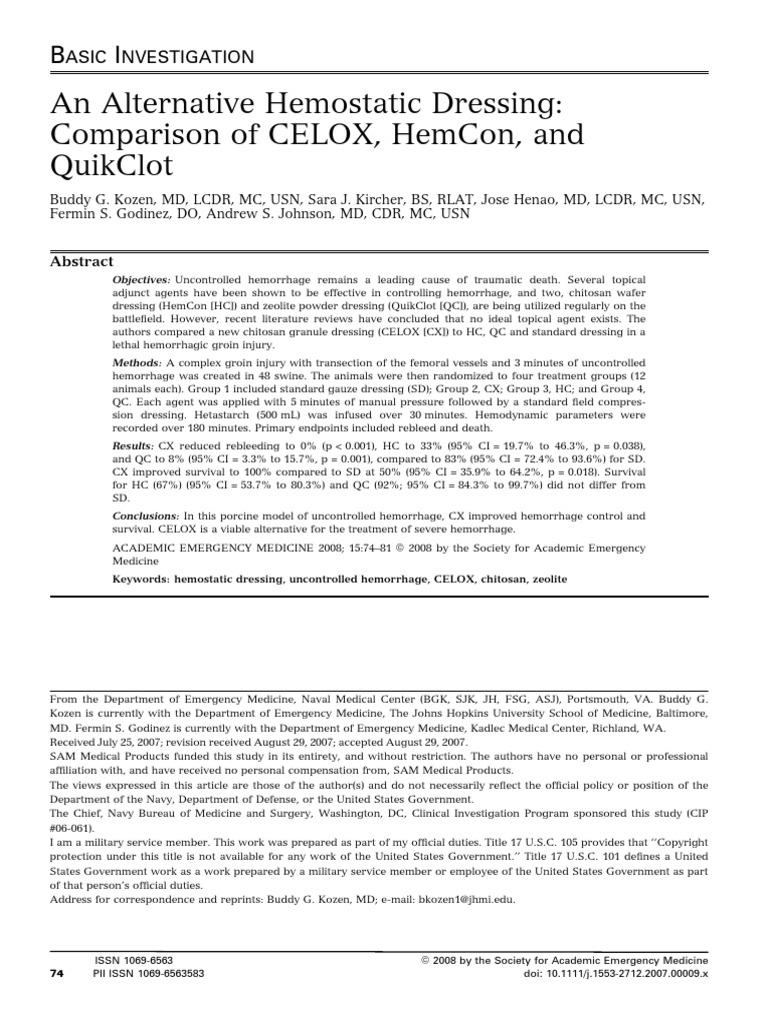 An Alternative Hemostatic Dressing: Comparison of Celox, Hemcon, and ...