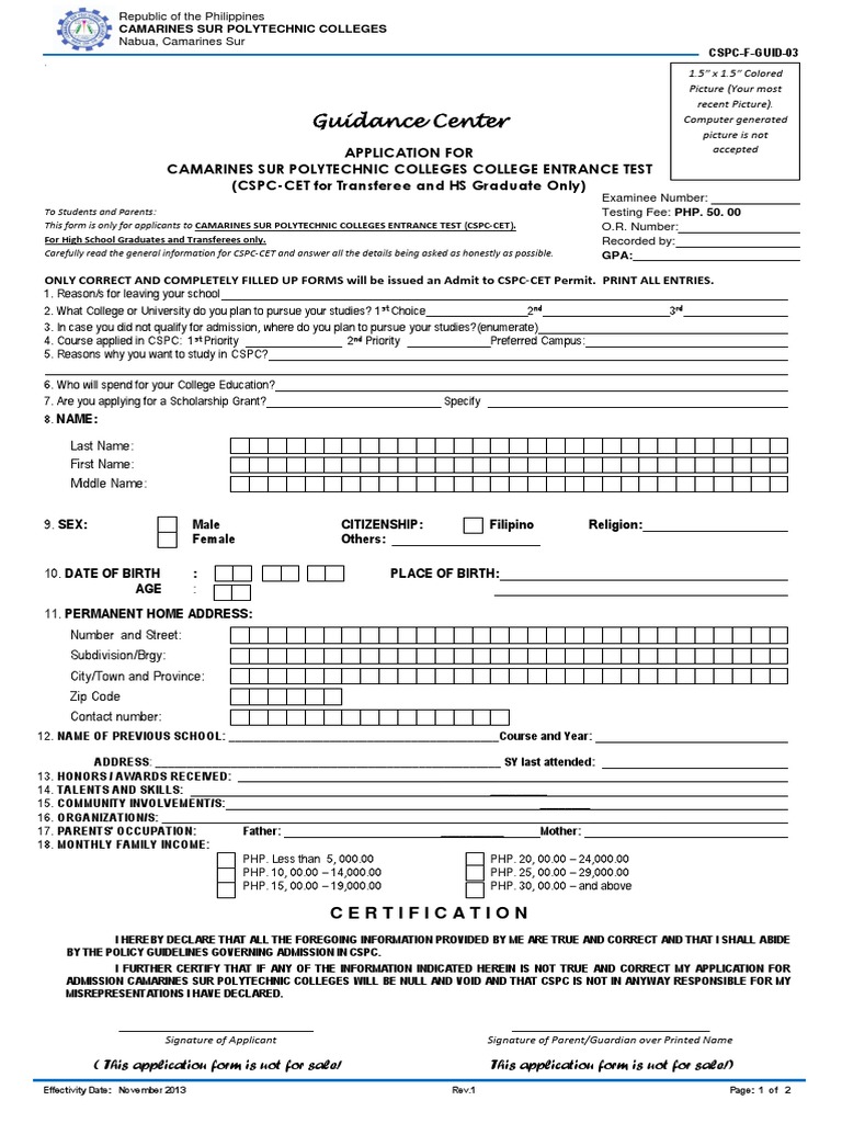 Application For CSPC-CET (Transferee & High School Graduate) | PDF | University And College ...