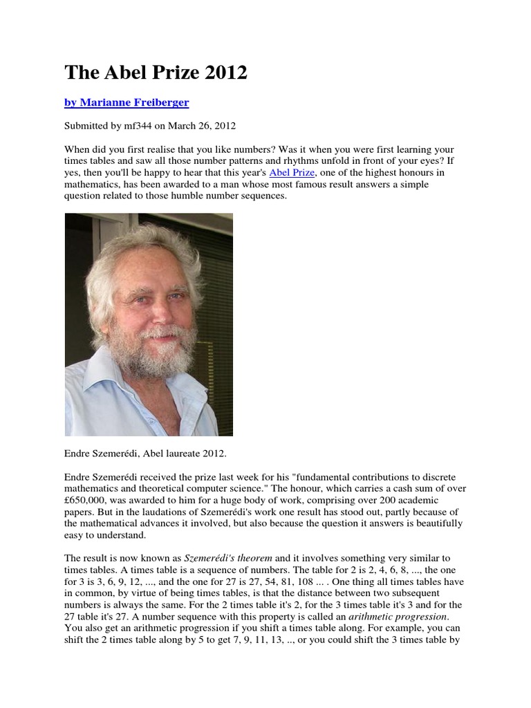 The Abel Prize 2012 Pdf Mathematical Objects Teaching Mathematics