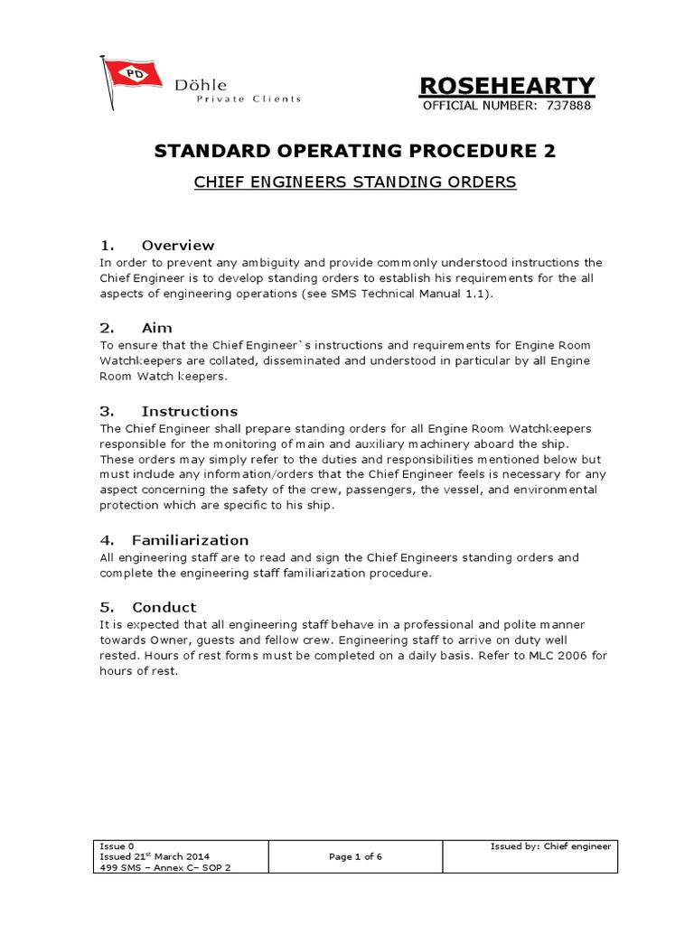 SOP 02 Chief Engineers Standing Orders | Oil | Risk