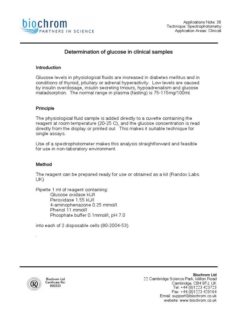 Determination of Glucose in Clinical Samples Using a Spectrophotometer ...