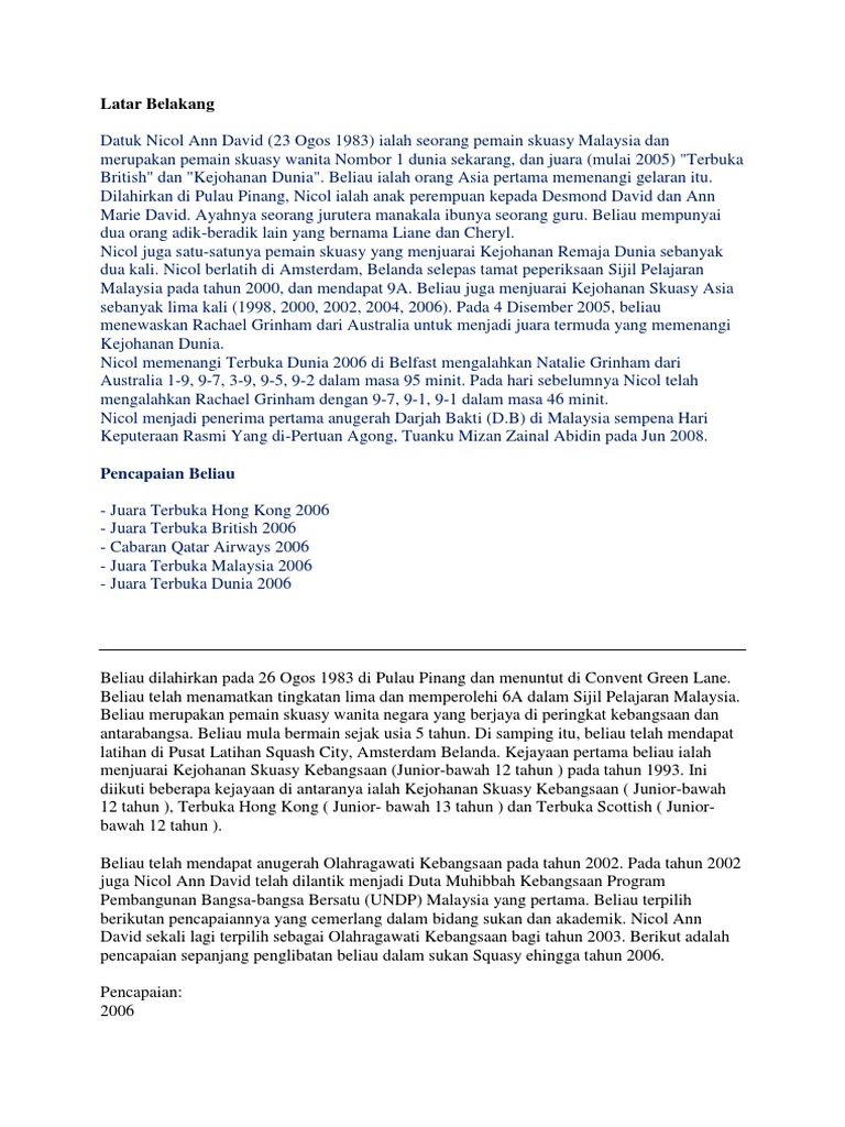 Latar Belakang Dato Nicol Ann David | PDF