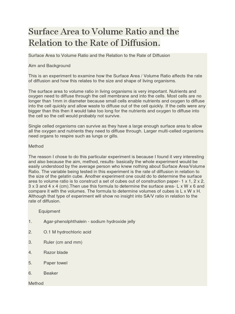 Surface Area to Volume Ratio and the Relation to the Rate of Diffusion ...