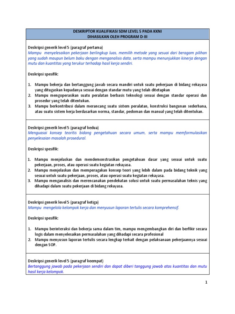 Deskriptor Kualifikasi SDM Level 5 Pada Kkni | PDF
