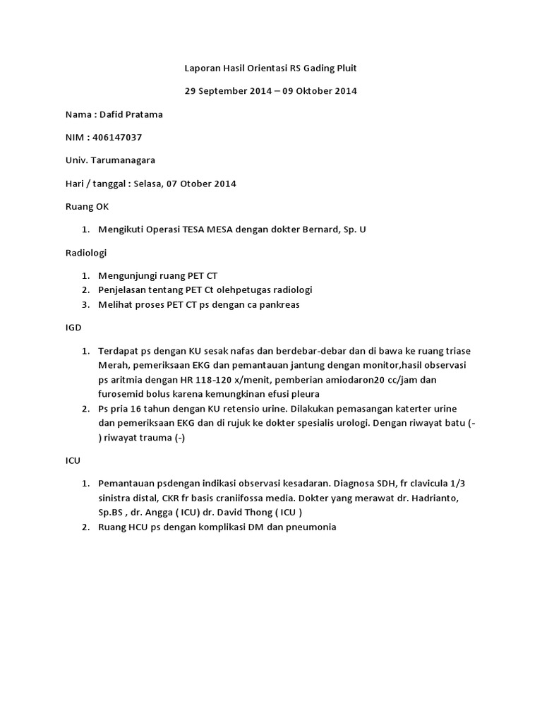 Dafid Pratama Laporan Hasil Orientasi RS Gading Pluit 2 | PDF