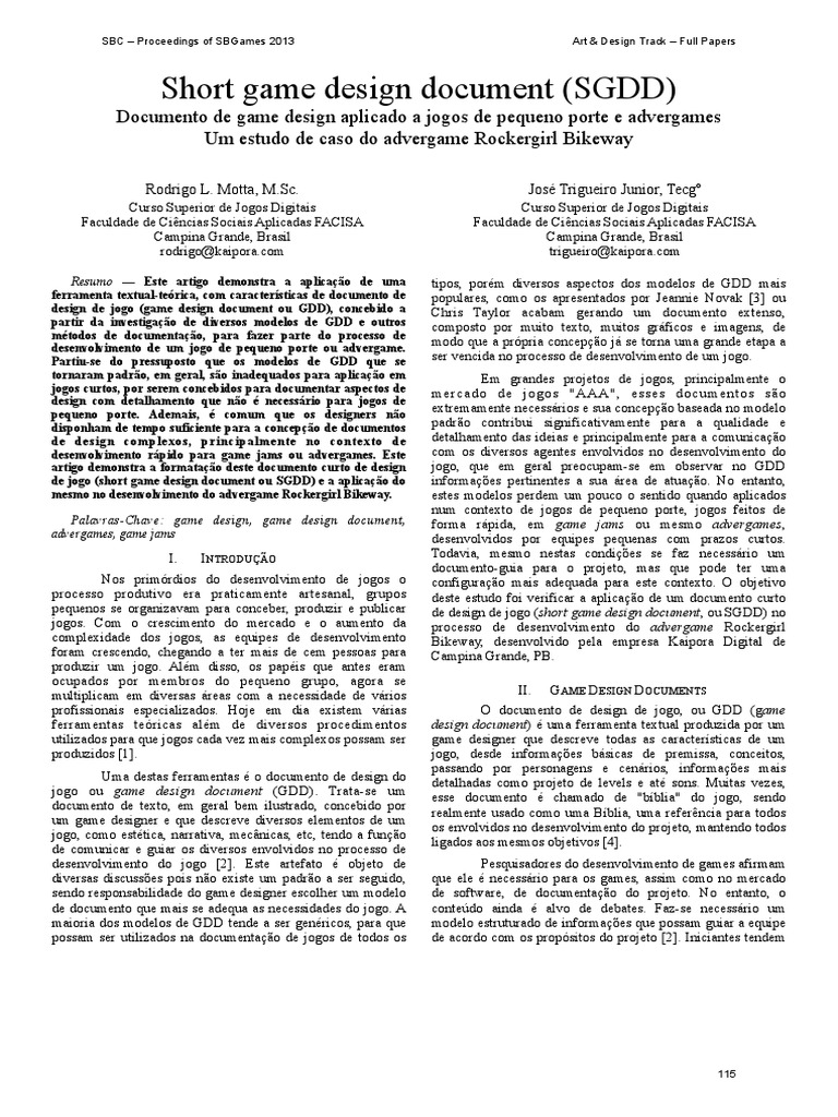 Short game design document (SGDD).pdf | Interface de Usuário | Informação
