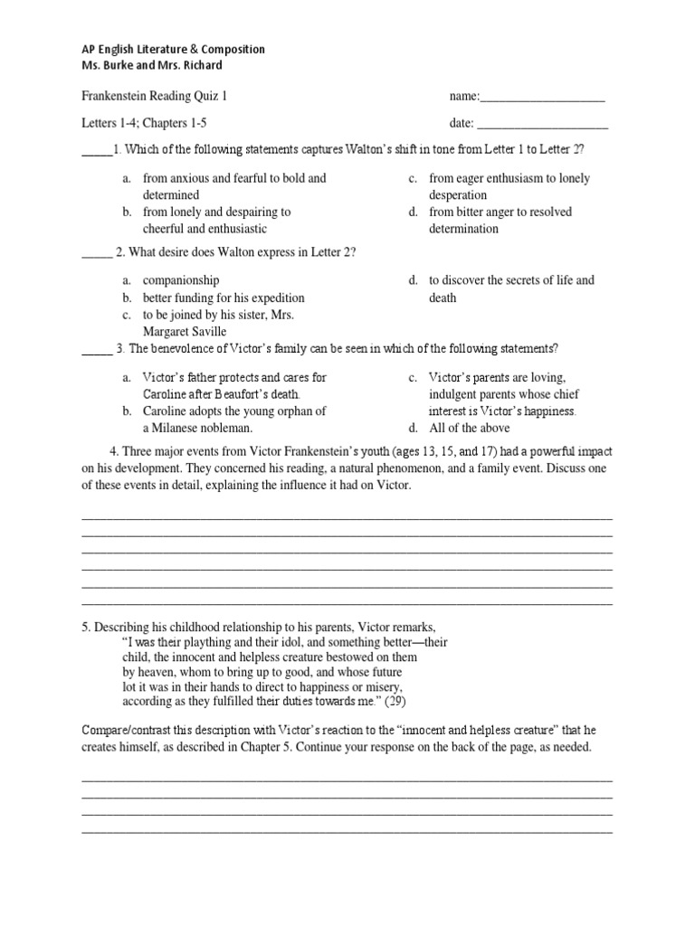 Frankenstein Quiz: Letters 1-4 & Chapters 1-5 | PDF | Politics