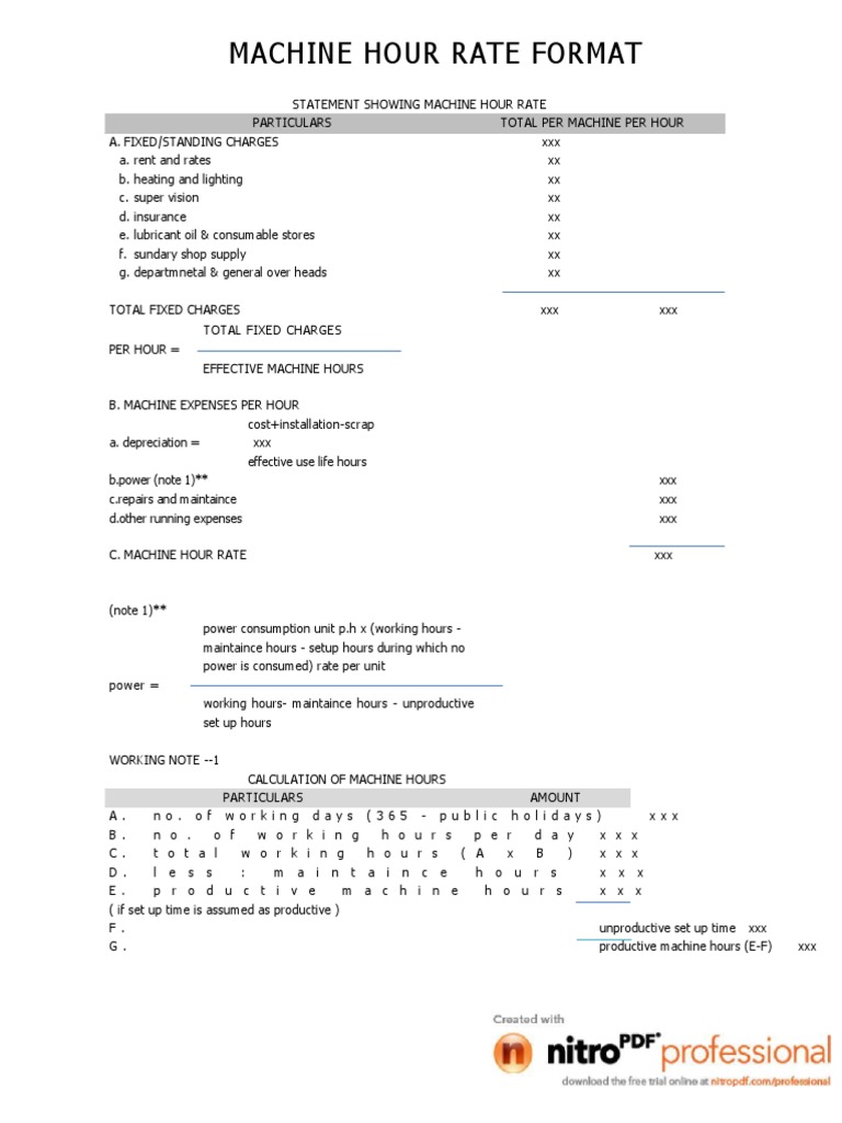 Machine Hour Rate Calculation Format | PDF | Technology & Engineering