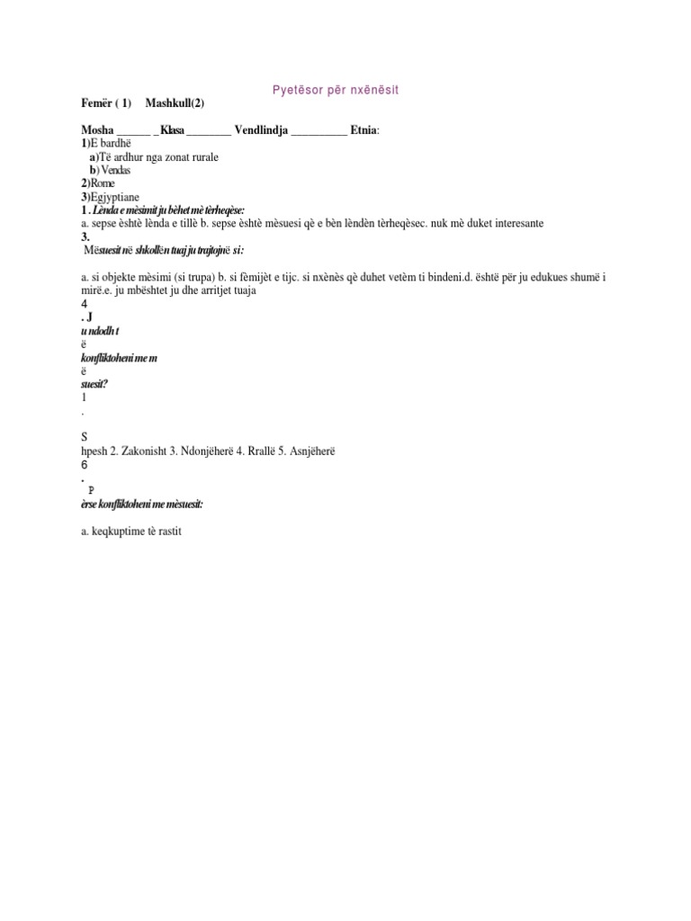 Pyetësor Për Nxënësit | PDF