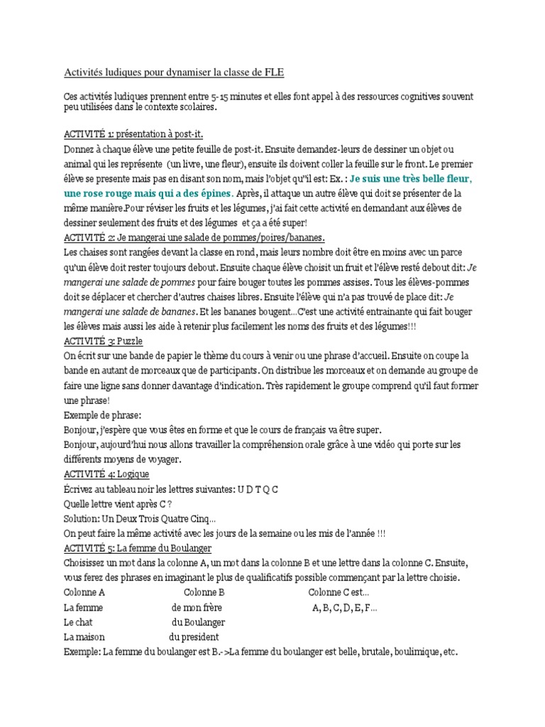 Activités ludiques pour le FLE en classe | PDF | Légumes