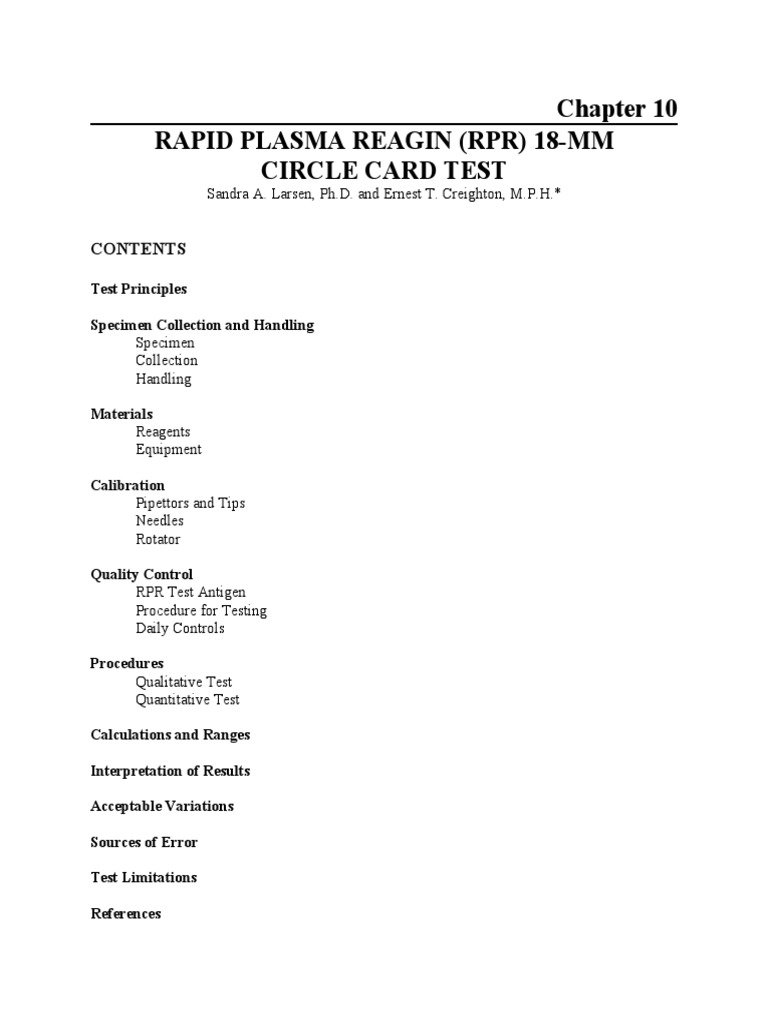 Syphilis Screening: RPR Test Guide | PDF | Sensitivity And Specificity ...