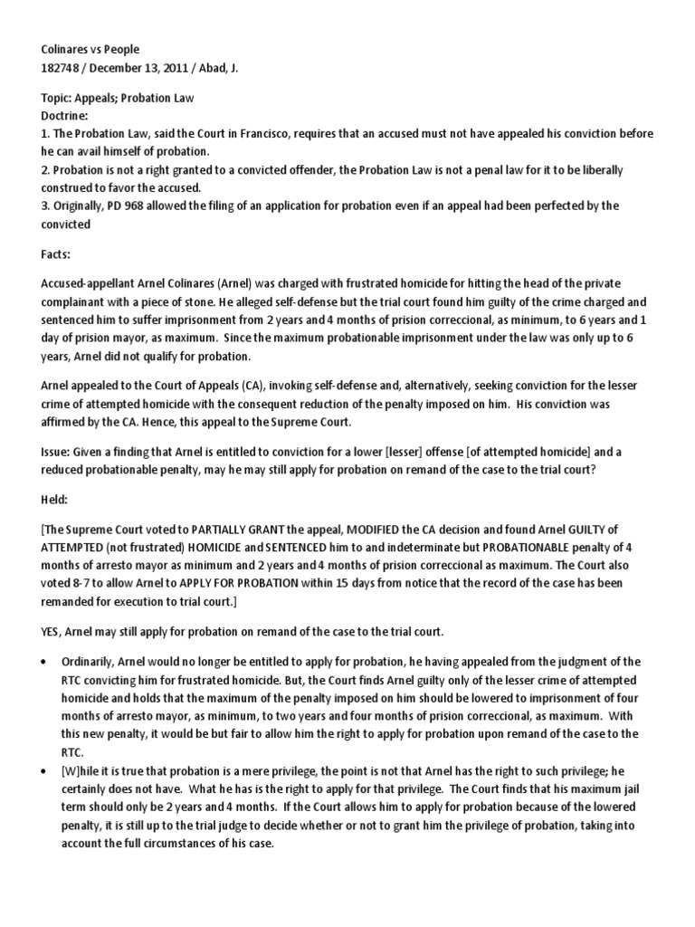 Colinares Vs People | PDF | Probation | Crime & Violence