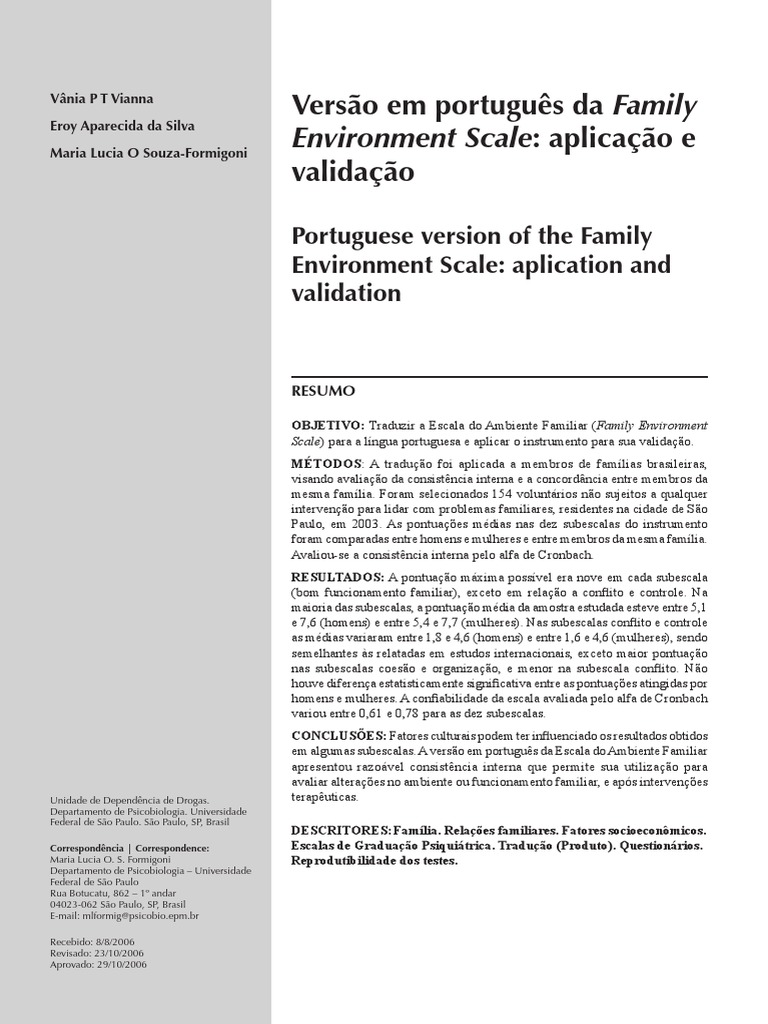 Versão em Português Da Family Environment Scale - Aplicação e Validação ...