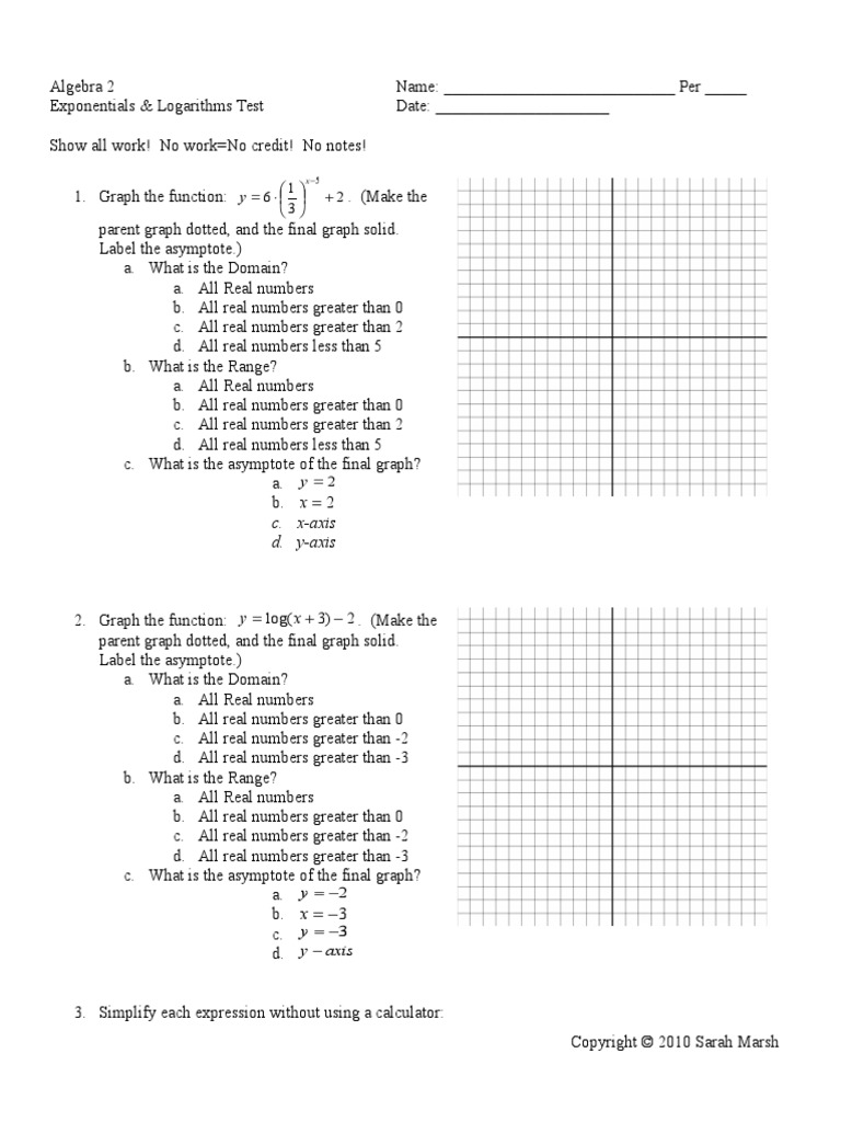 Algebra Logarithm and Exponential Functions Test | PDF