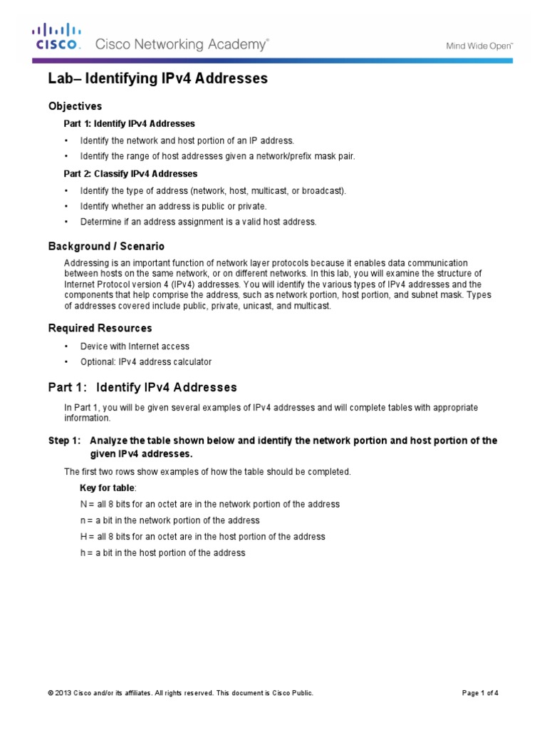 8 1 4 8 Lab Identifying Ipv4 Addresses Pdf Pdf Ip Address