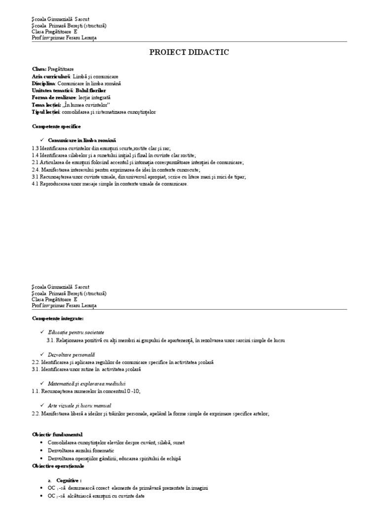 CLASA PREGATITOARE Proiect Didactic Clr