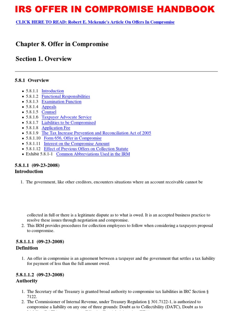IRS Offer in Compromise Handbook | Download Free PDF | Limited ...