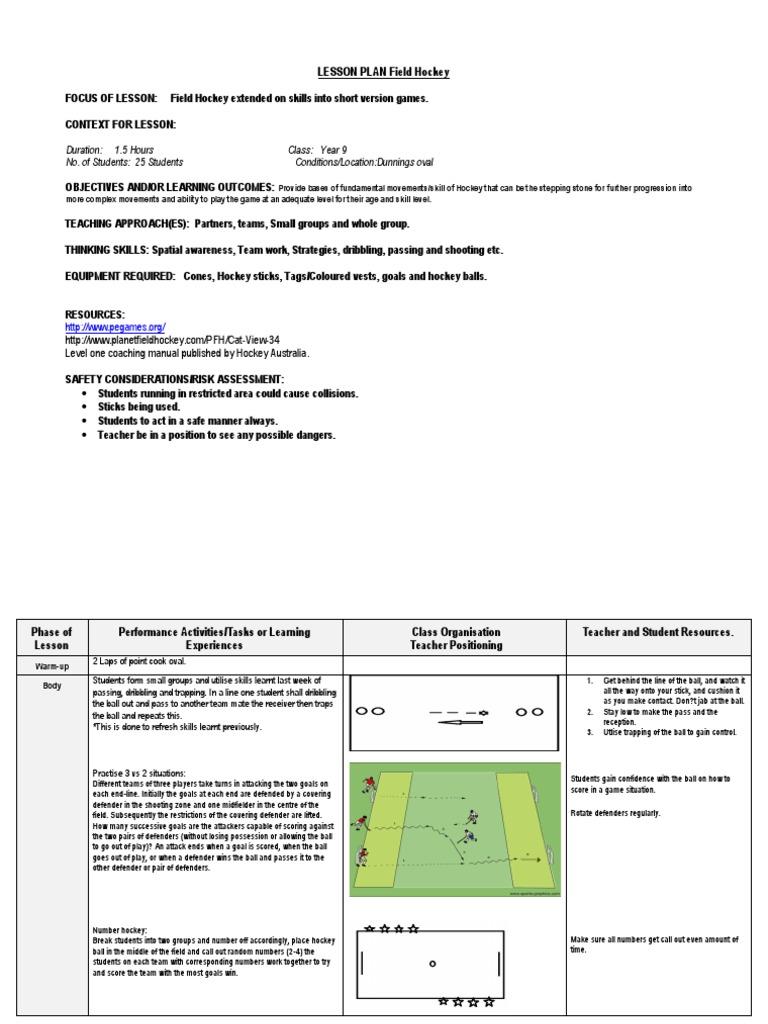 Lesson Plan Field Hockey | PDF | Defender (Association Football) | Sports