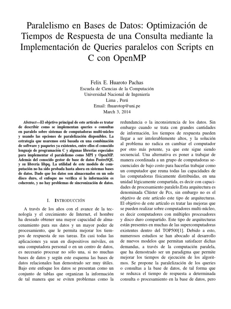 Paralelismo en Bases de Datos: Optimizaci On Detiempos de Respuesta de Una Consulta Mediante ...