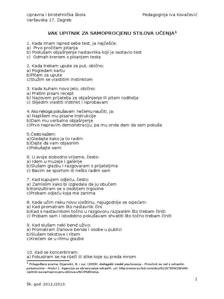 VAK Upitnik Za Samoprocjenu Stilova Ucenja | PDF
