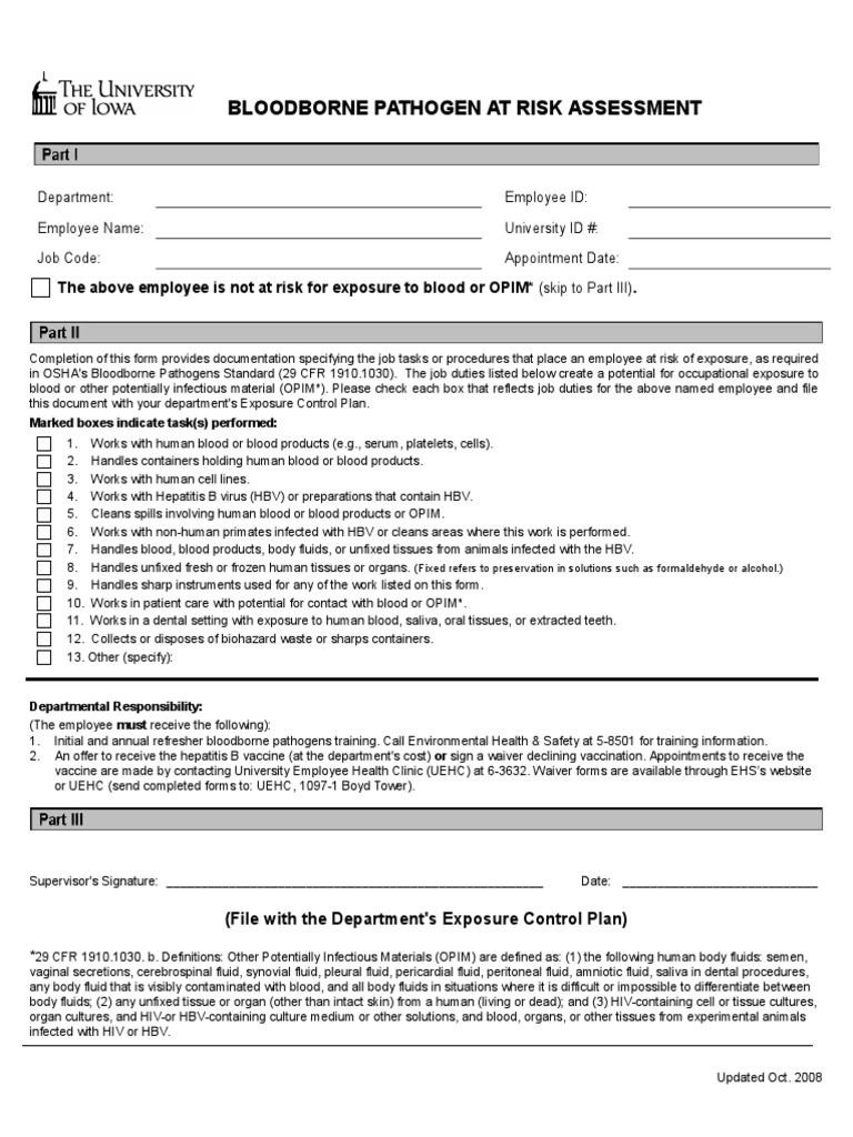 Bloodborne at Risk Assessment | PDF | Body Fluids | Medical Specialties