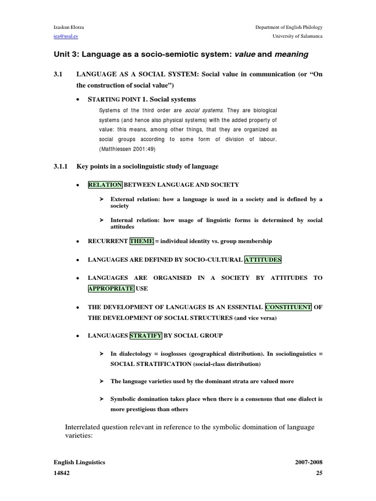 Unit 3: Language As A Socio-Semiotic System: Value and Meaning | PDF | Sociolinguistics ...