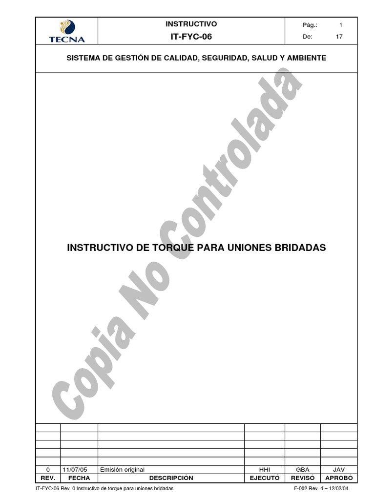Instructivo de torque para uniones bridadas: Valores de apriete ...