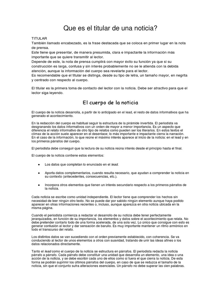 Que es el titular de una noticia.docx | Periodismo | Información