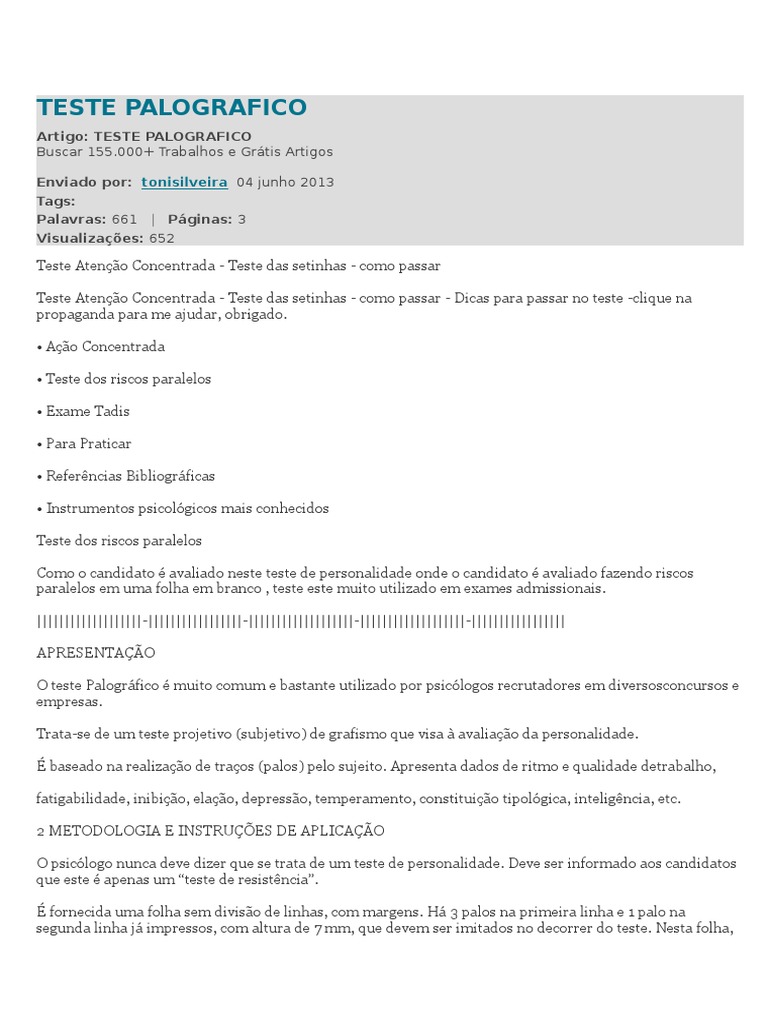 TESTE PALOGRAFICO.doc | Psicologia e ciência cognitiva | Ciência (Geral)