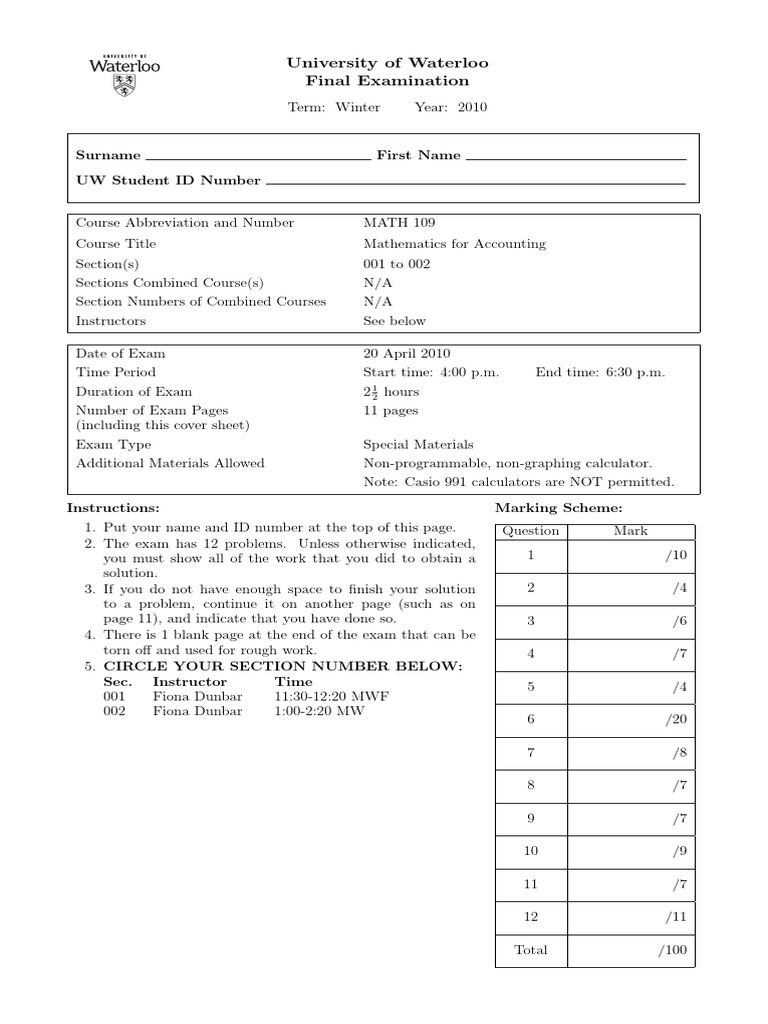 MATH 109 101 Final Exam | PDF | Test (Assessment) | Mathematical Analysis