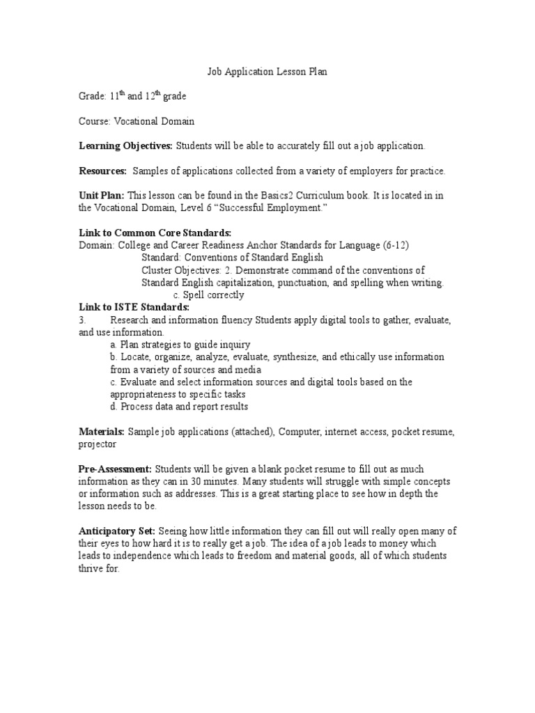 Job Application Lesson Plan | PDF | Curriculum | Behavior Modification