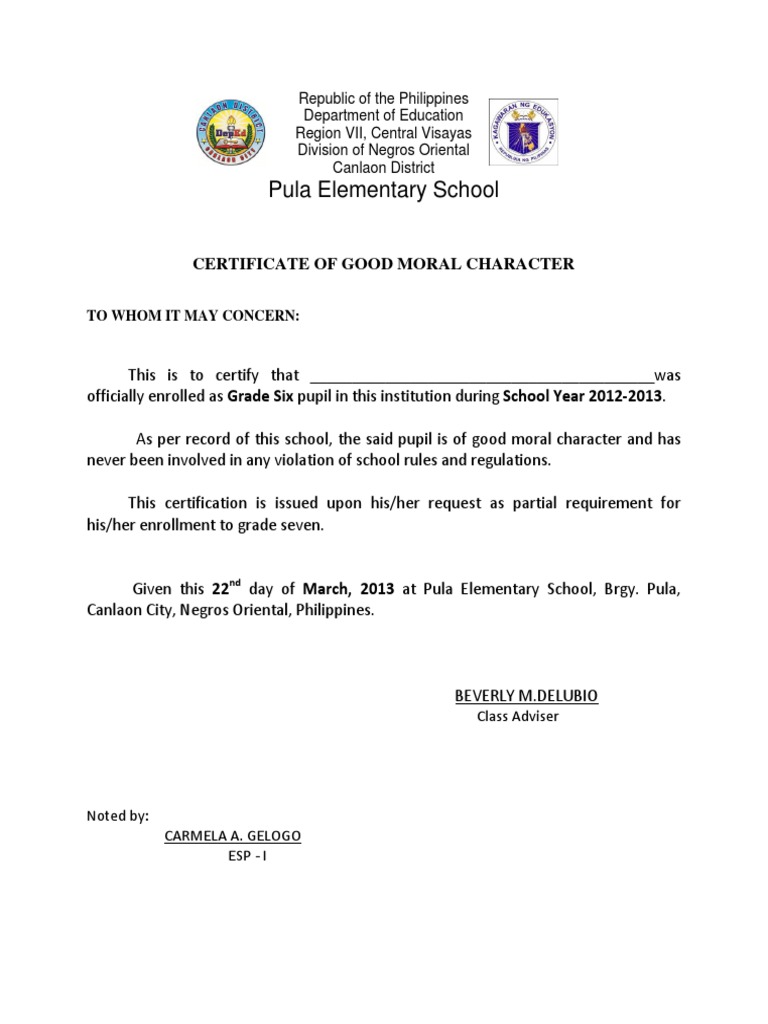 Certificate of Good Moral Character | PDF