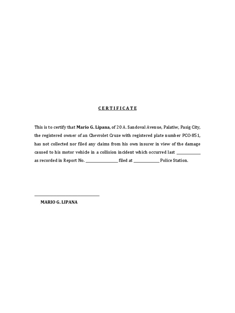 Sample Certificate of Non-Claim (Car Insurance Claim) | PDF | Road ...