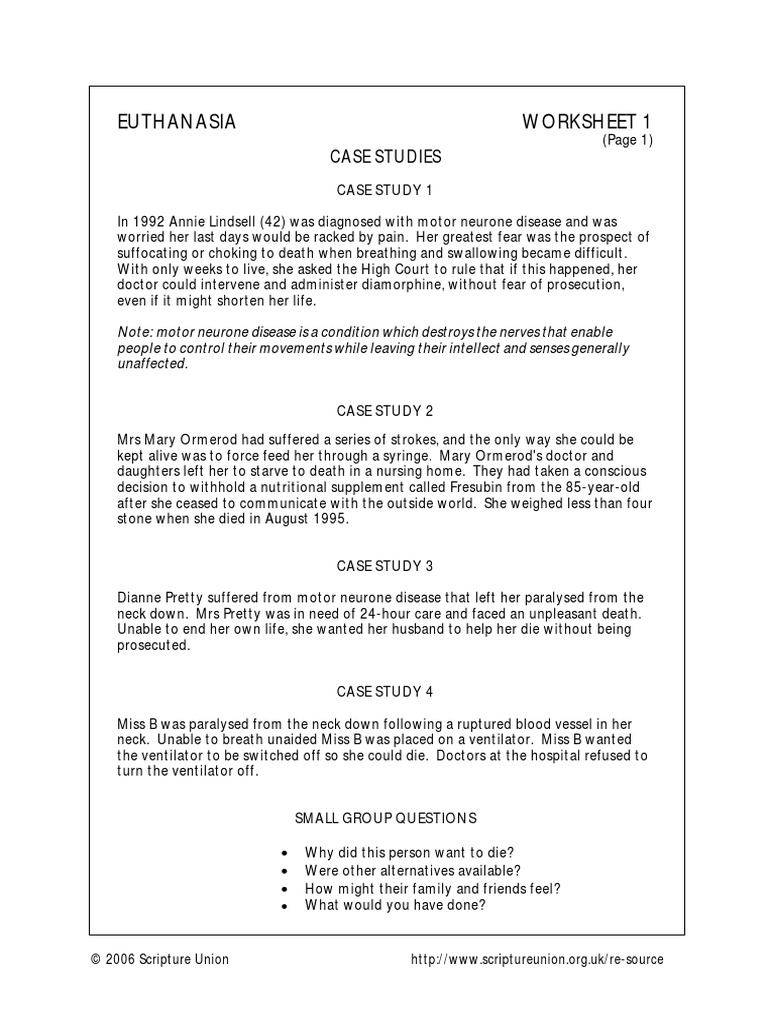 Euthanasia Worksheet 1: Case Studies | PDF | Medicine | Clinical Medicine