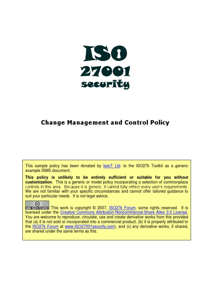 ISO27k Model Policy On Change Management and Control | PDF ...