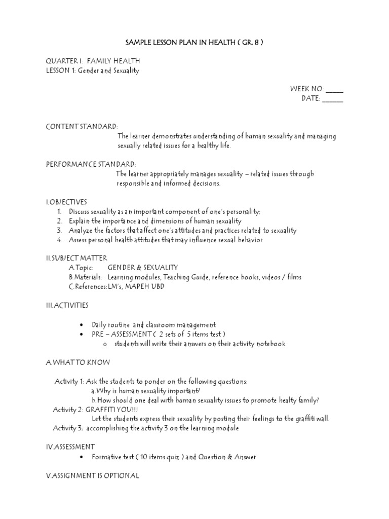 Grade 8 Health Lesson Plan: Gender & Sexuality | PDF