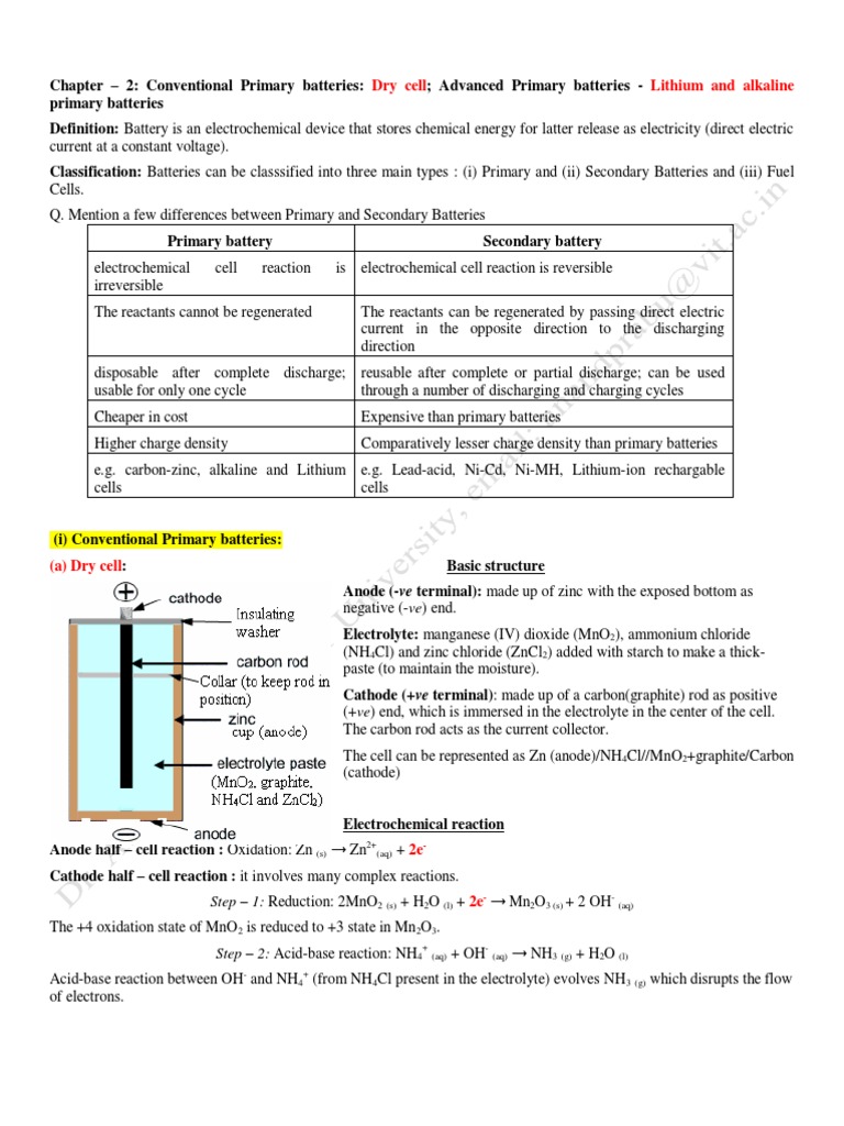 Primary Cell Types - Dry Cell - Alkaline Cell - Lithium Cell | PDF ...